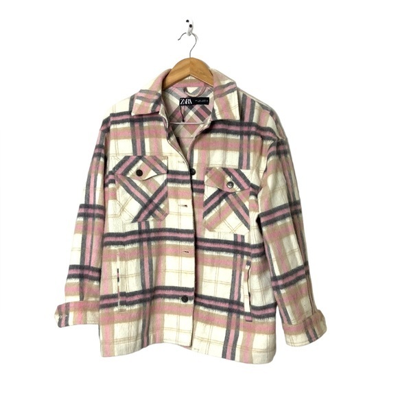 Zara | Jackets & Coats | Zara Pink Plaid Soft Thick Button Shacket ...